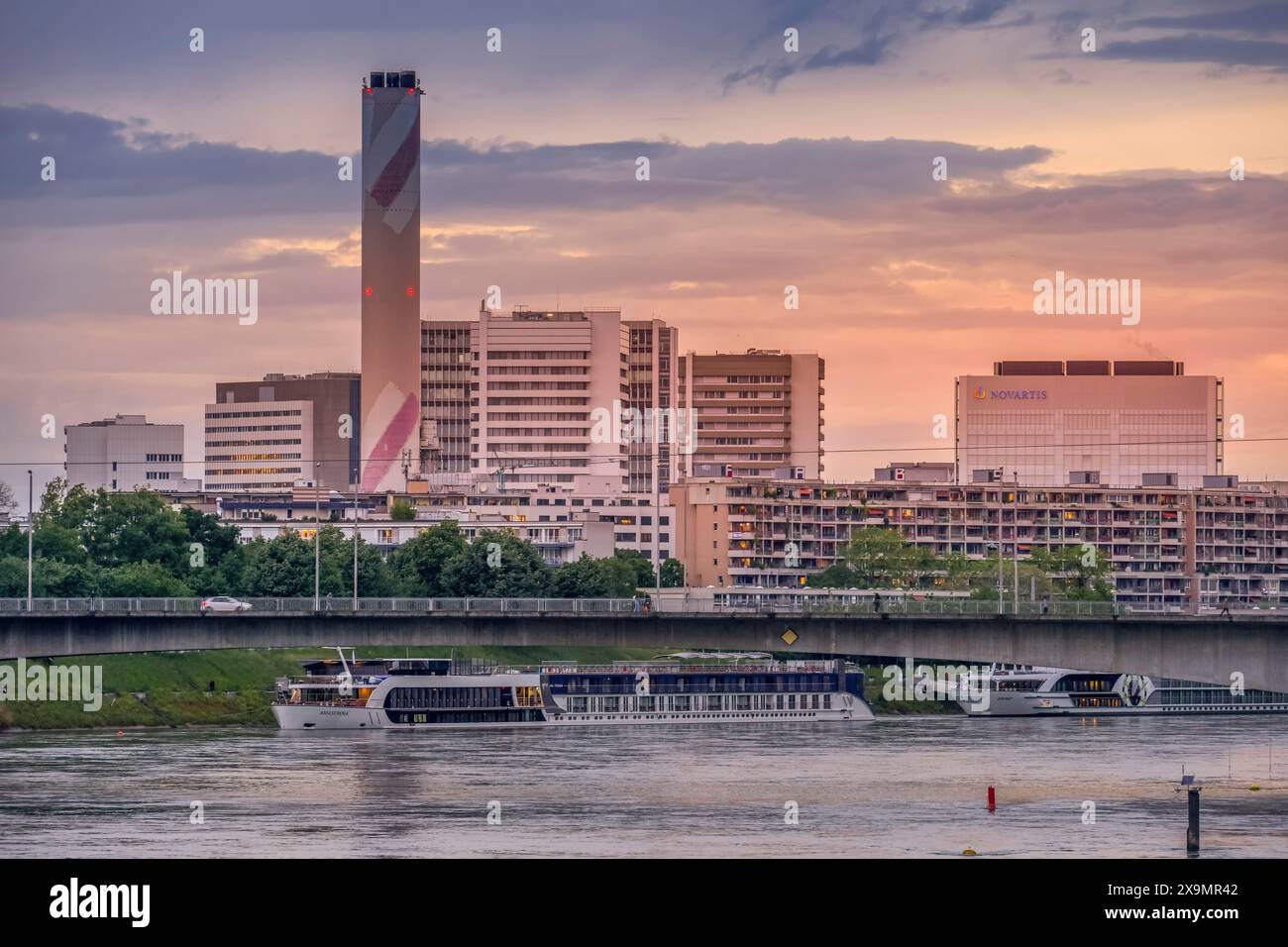 Novartis factory premises, left: Volta cogeneration plant, Rhine, Basel ...