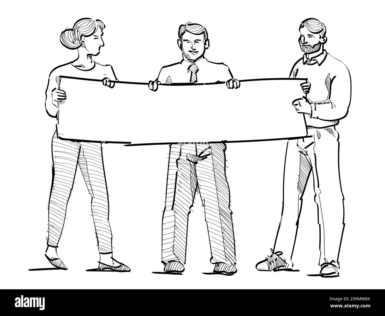 Business team coworker standing holding blank empty banner hand drawing ...