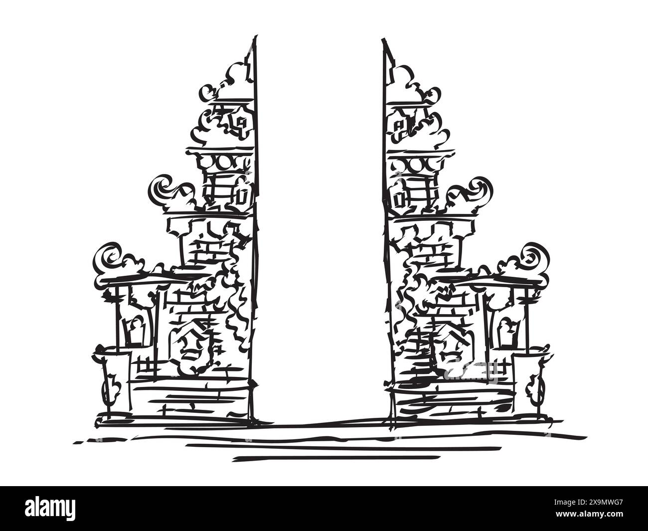Bali Balinese gate architecture gate traditional hand drawing sketch ...