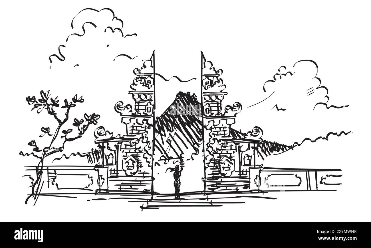 Bali Balinese gate architecture of traditional temple with mountain and ...