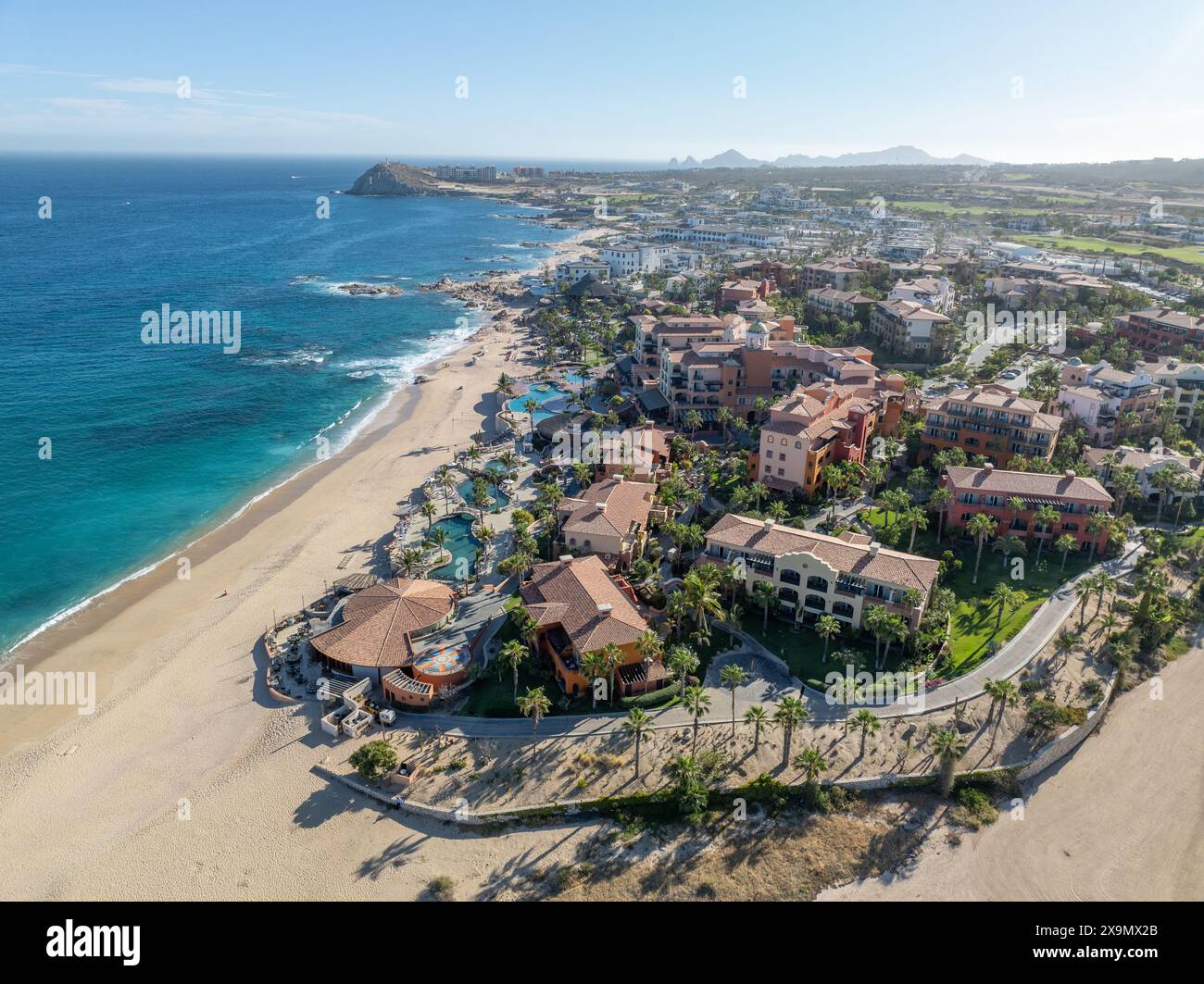 Aerial view of big resorts with pool in Cabo San Jose, Baja California ...
