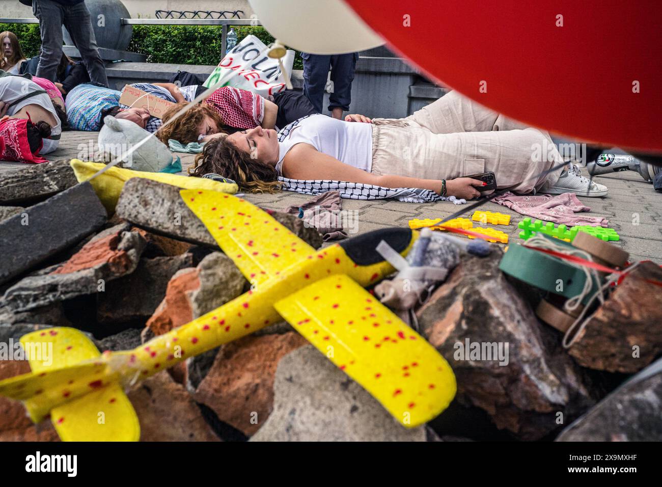 Warsaw, Poland. 01st June, 2024. Protesters seen laying on the ground ...