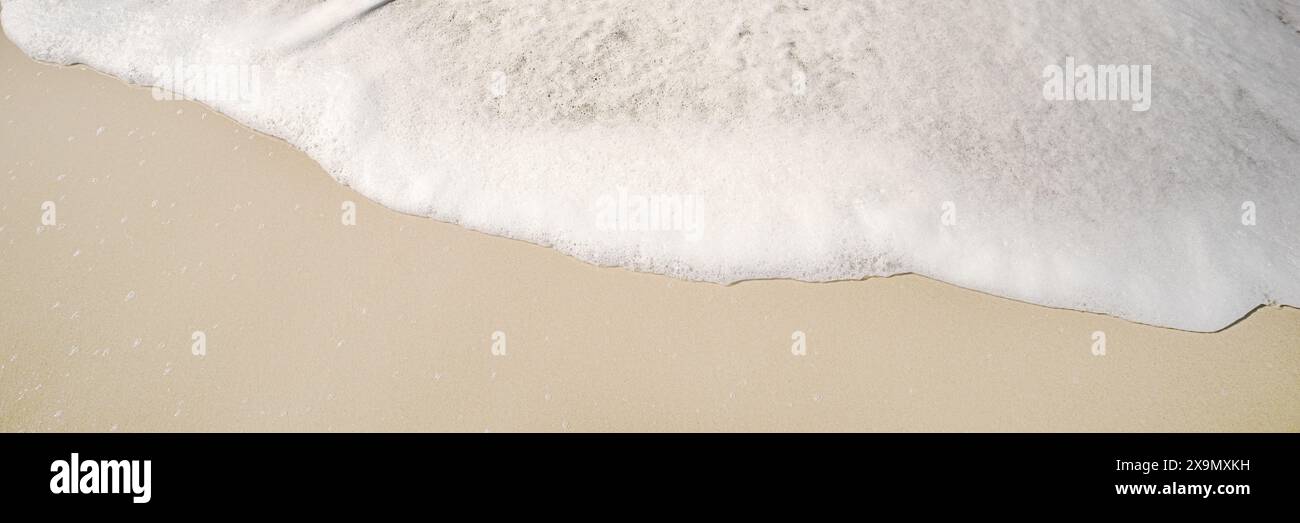 White fluffy foam from a wave breaking rolling onto the sandy beach ...