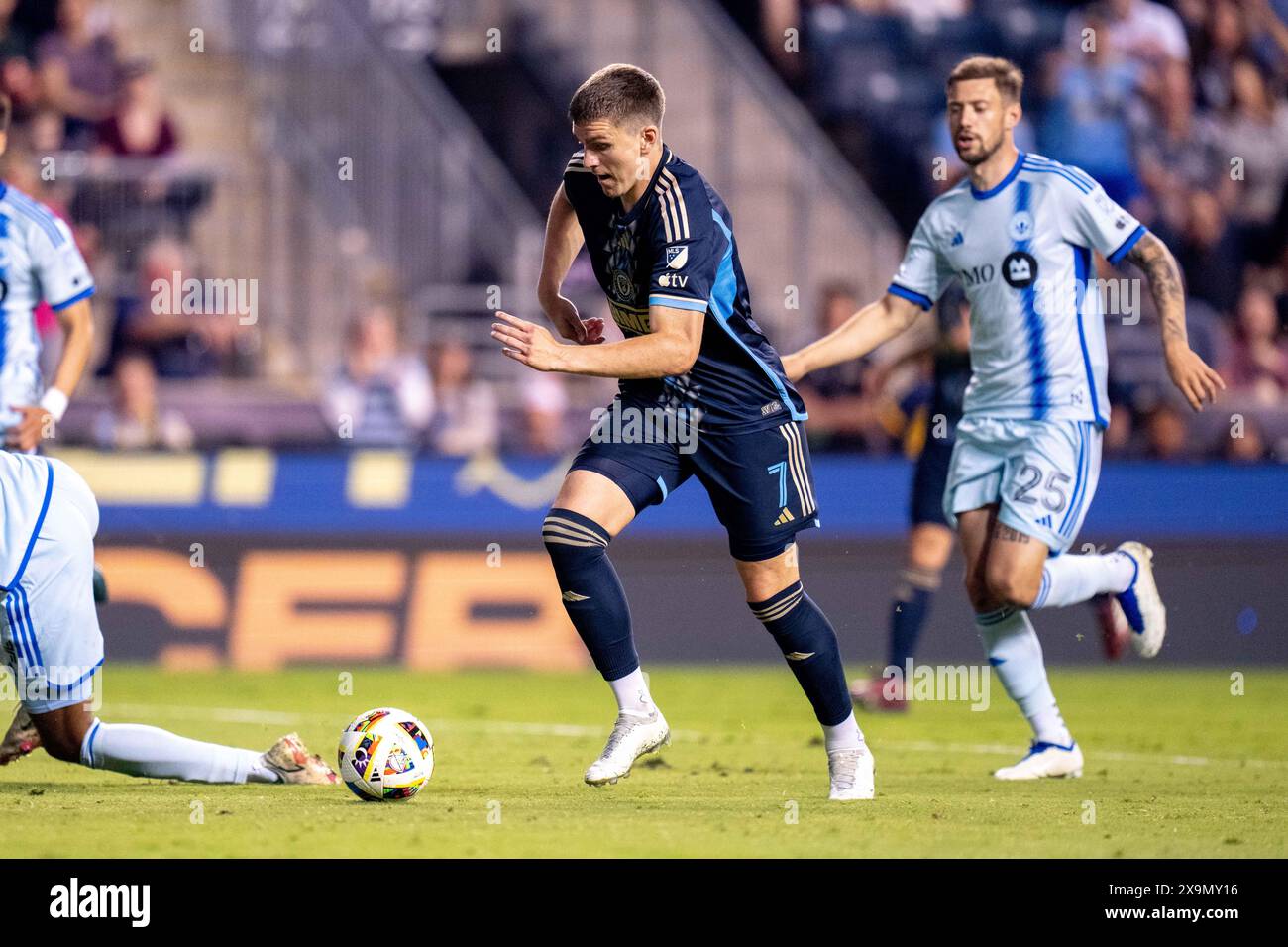 June 01, 2024: Philadelphia Union Forward Mikael Uhre (7) dribbles the ...