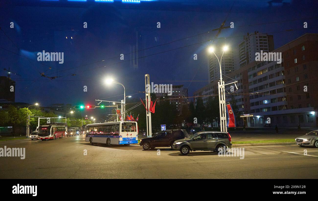 streets of Pyongyang in the evening, urban infrastructure, public ...
