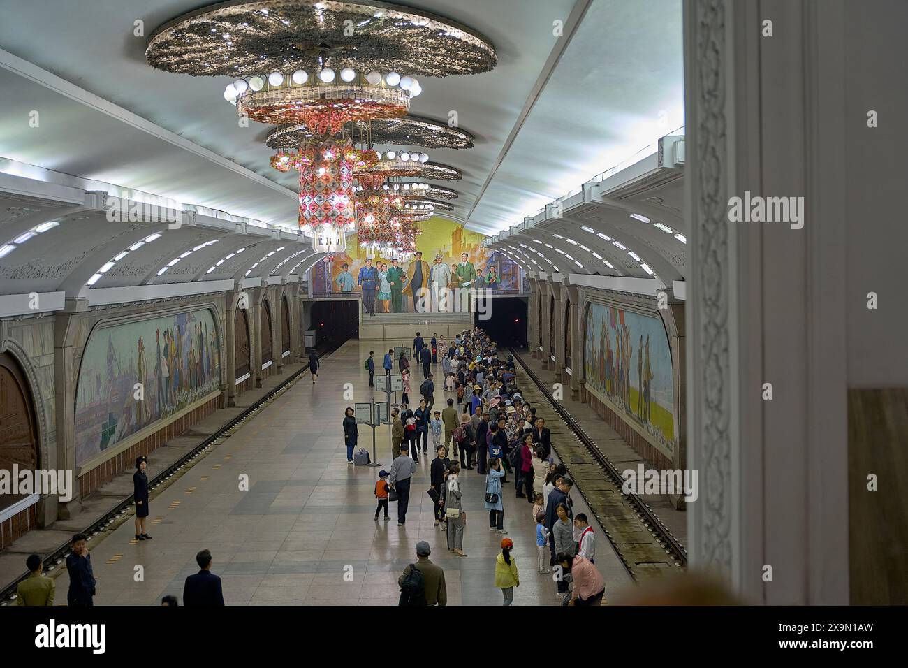 the interior of the station and passengers in the Pyongyang subway ...