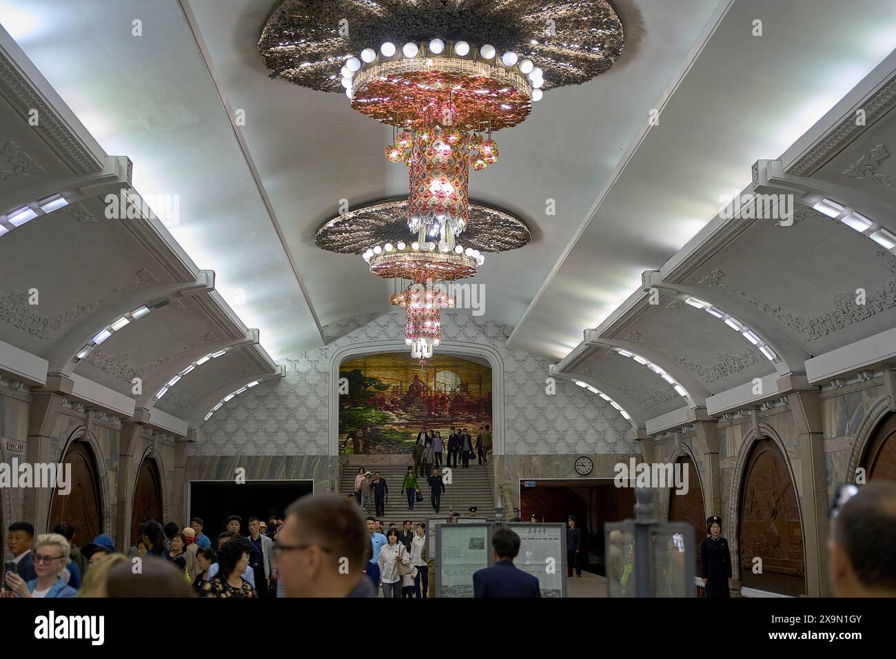 the interior of the station and passengers in the Pyongyang subway ...