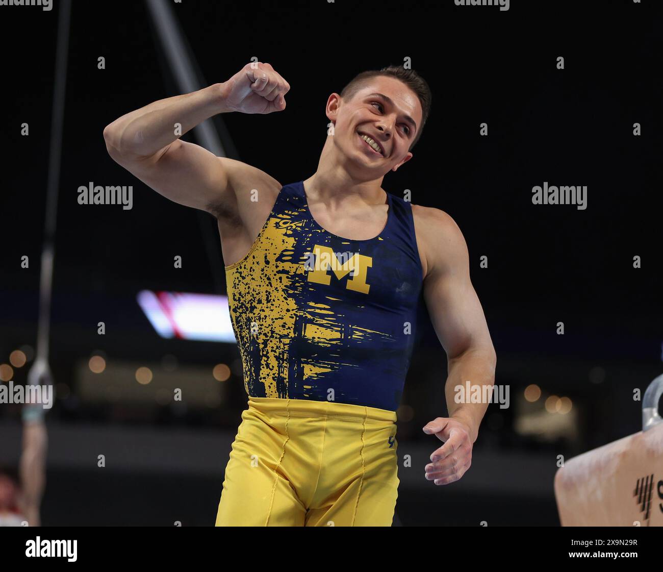 June 1, 2024: Paul Juda smiles after finishing his pommel horse routine ...