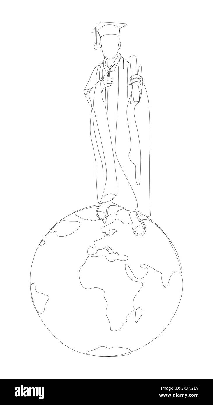 One continuous line of Graduati man with Earth Globe. Thin Line ...