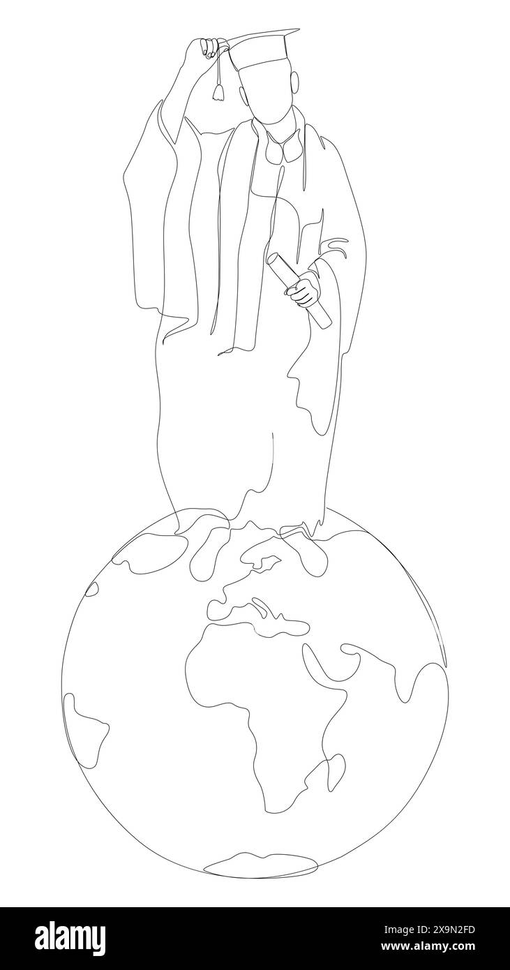 One continuous line of Graduati man with Earth Globe. Thin Line ...