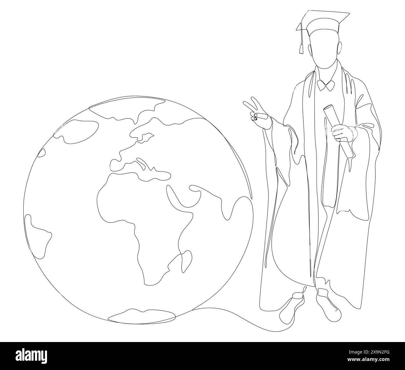 One continuous line of Graduati man with Earth Globe. Thin Line ...