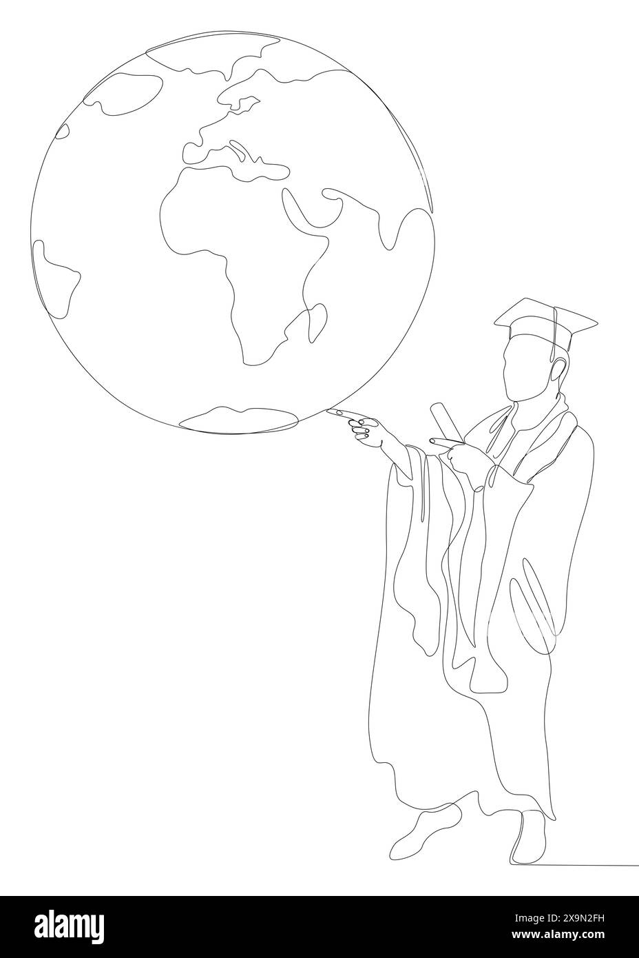 One continuous line of Graduati man with Earth Globe. Thin Line ...