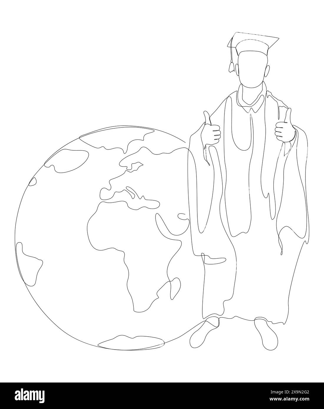One continuous line of Graduati man with Earth Globe. Thin Line ...