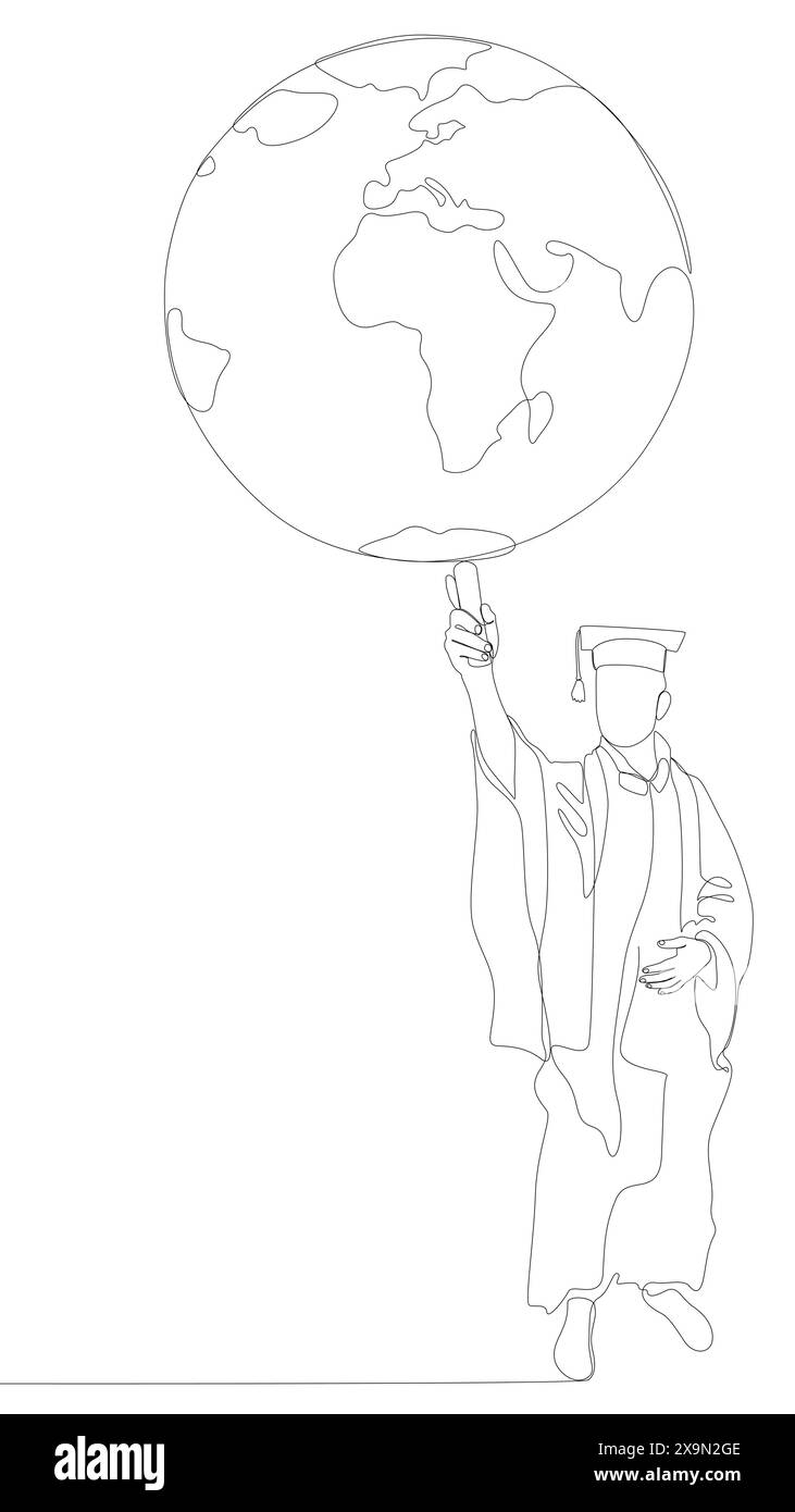 One continuous line of Graduati man with Earth Globe. Thin Line ...