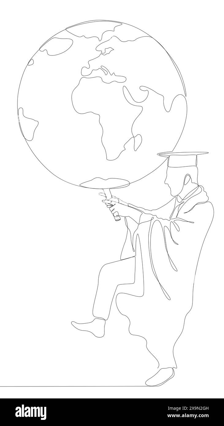 One continuous line of Graduati man with Earth Globe. Thin Line ...