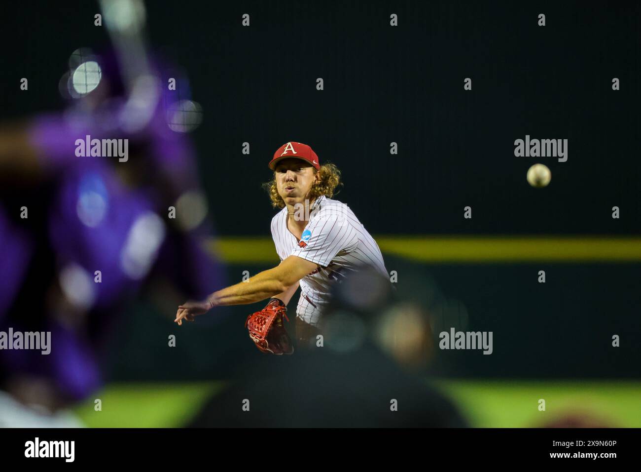 June 1, 2024: Razorback pitcher Hagen Smith #33 watches as the ball he ...