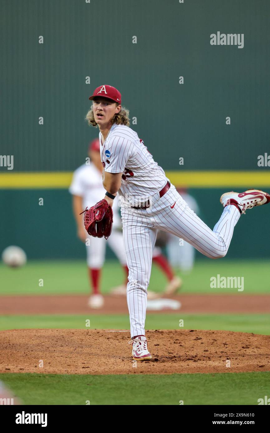 June 1, 2024: Razorback pitcher Hagen Smith #33 watches as his ball is ...
