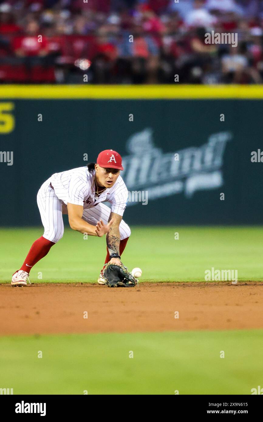 June 1, 2024: Razorback infielder Wehiwa Aloy #9 looks a ground ball ...