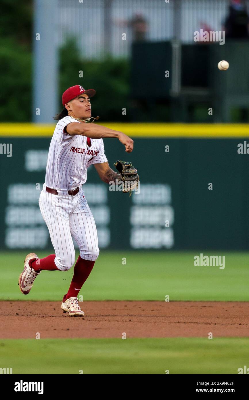 June 1, 2024: Wehiwa Aloy #9 Razorback infielder makes a throw across ...