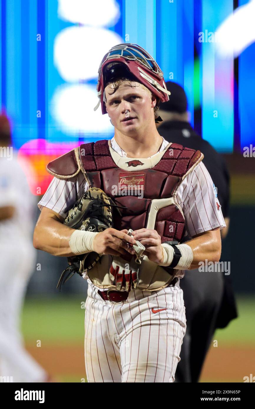 June 1, 2024: Razorback catcher Hudson White #8 lifts up his mask to ...