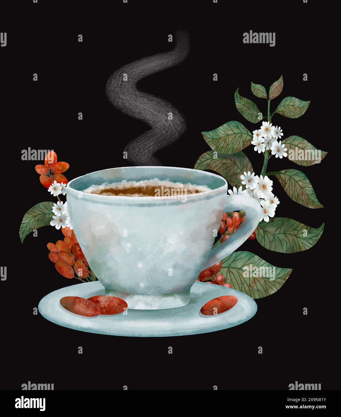Steaming coffee cup with floral accents and beans on black, symbolizing ...