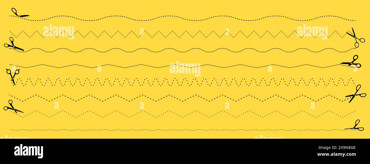 Collection of scissors cutting lines on yellow background. Cut here ...