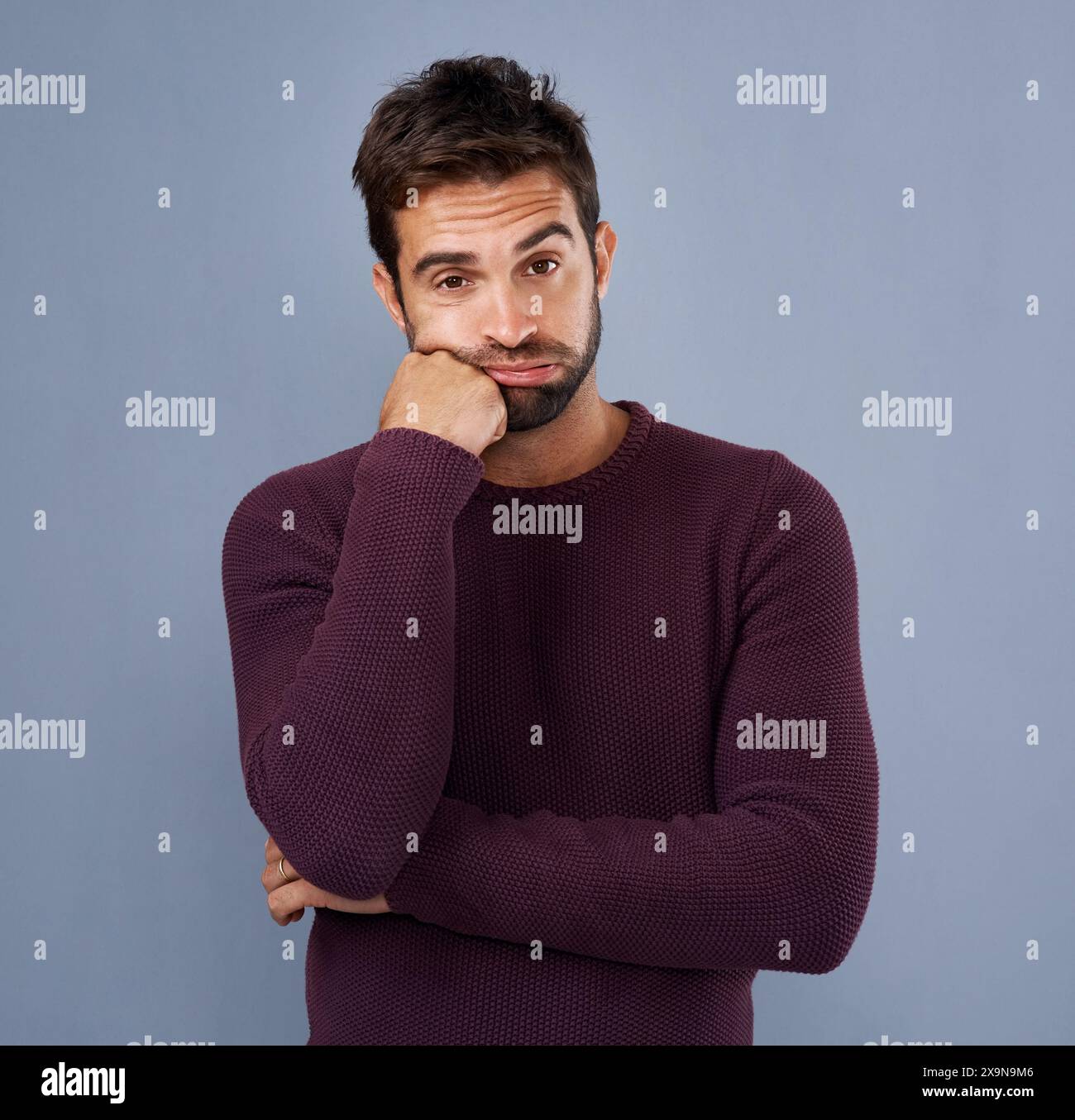 Studio, frustrated and portrait of man, tired and stress for burnout, mental health and unhappy ...