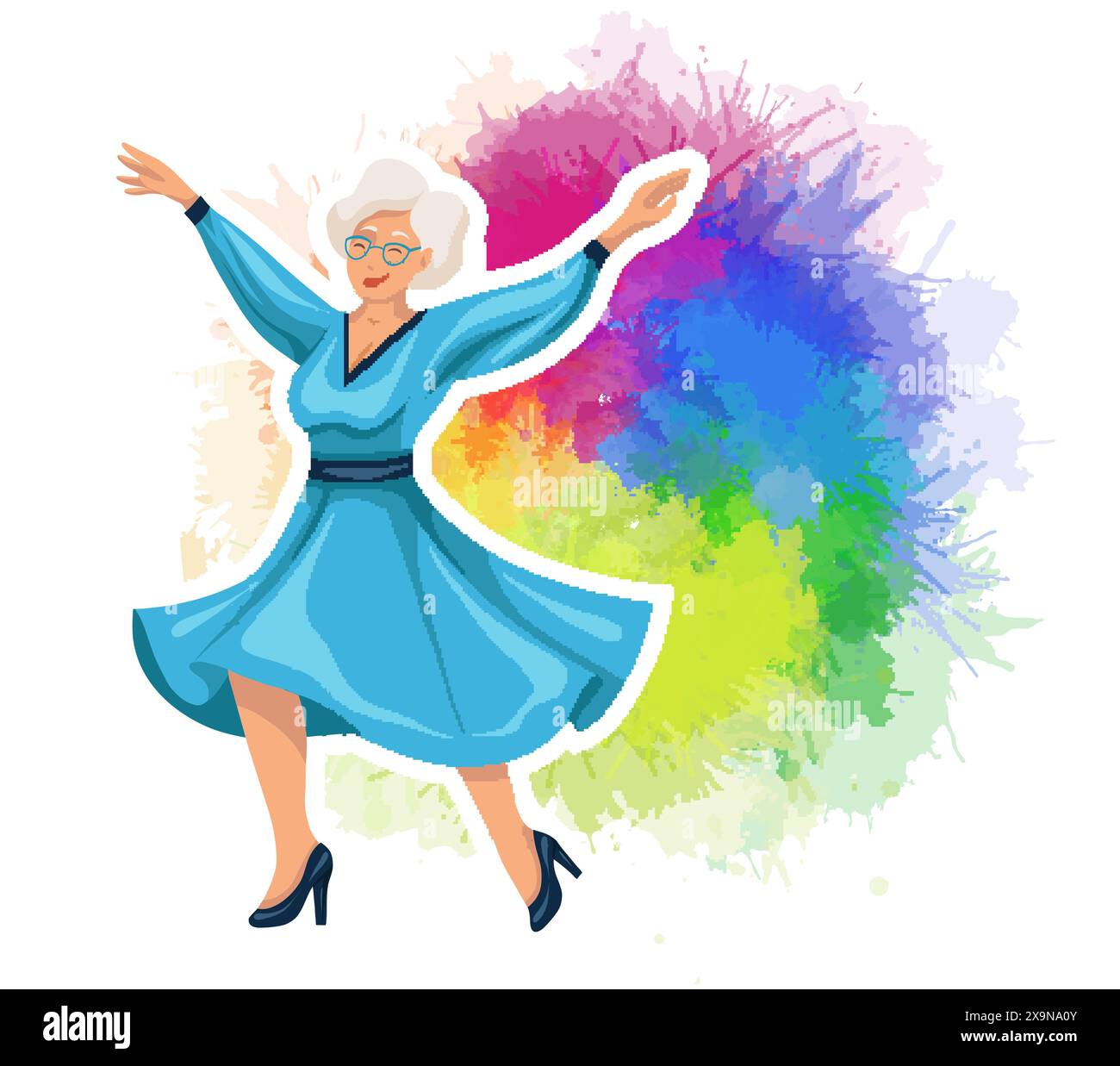 Joyful old lady dancing in a dress on rainbow watercolor splashes ...