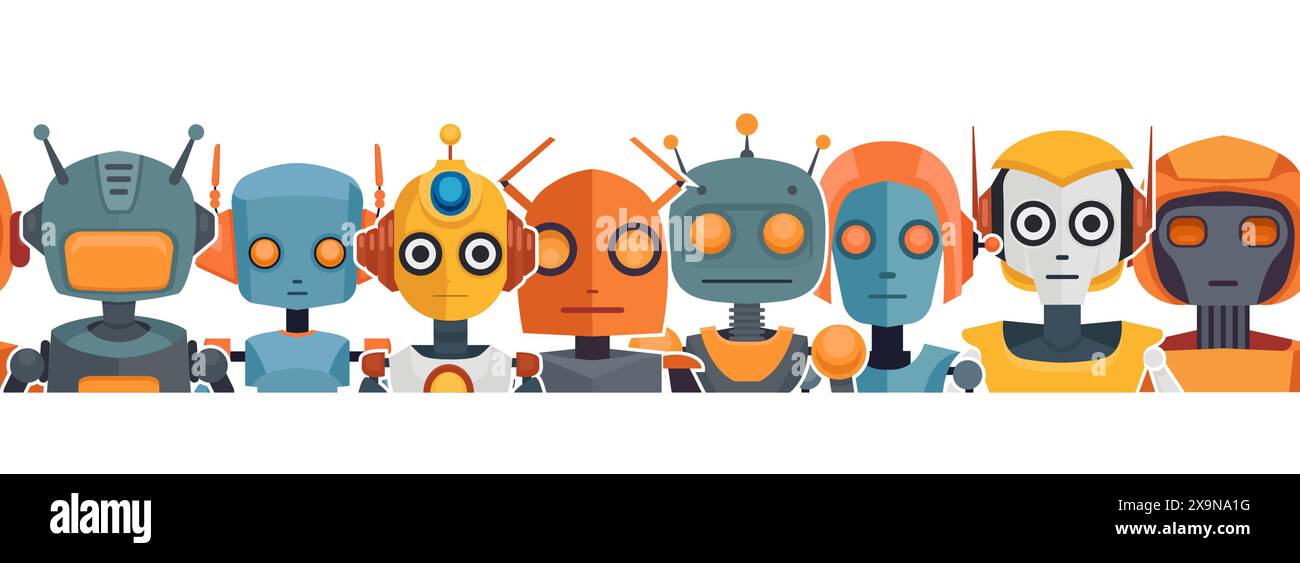 Child cheerful horizontal banner with bright cartoon robots isolated ...