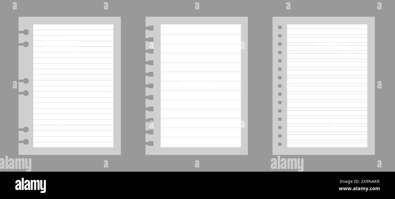 Set of notebook sheets isolated on gray background. Realistic white blanks of lined paper ...