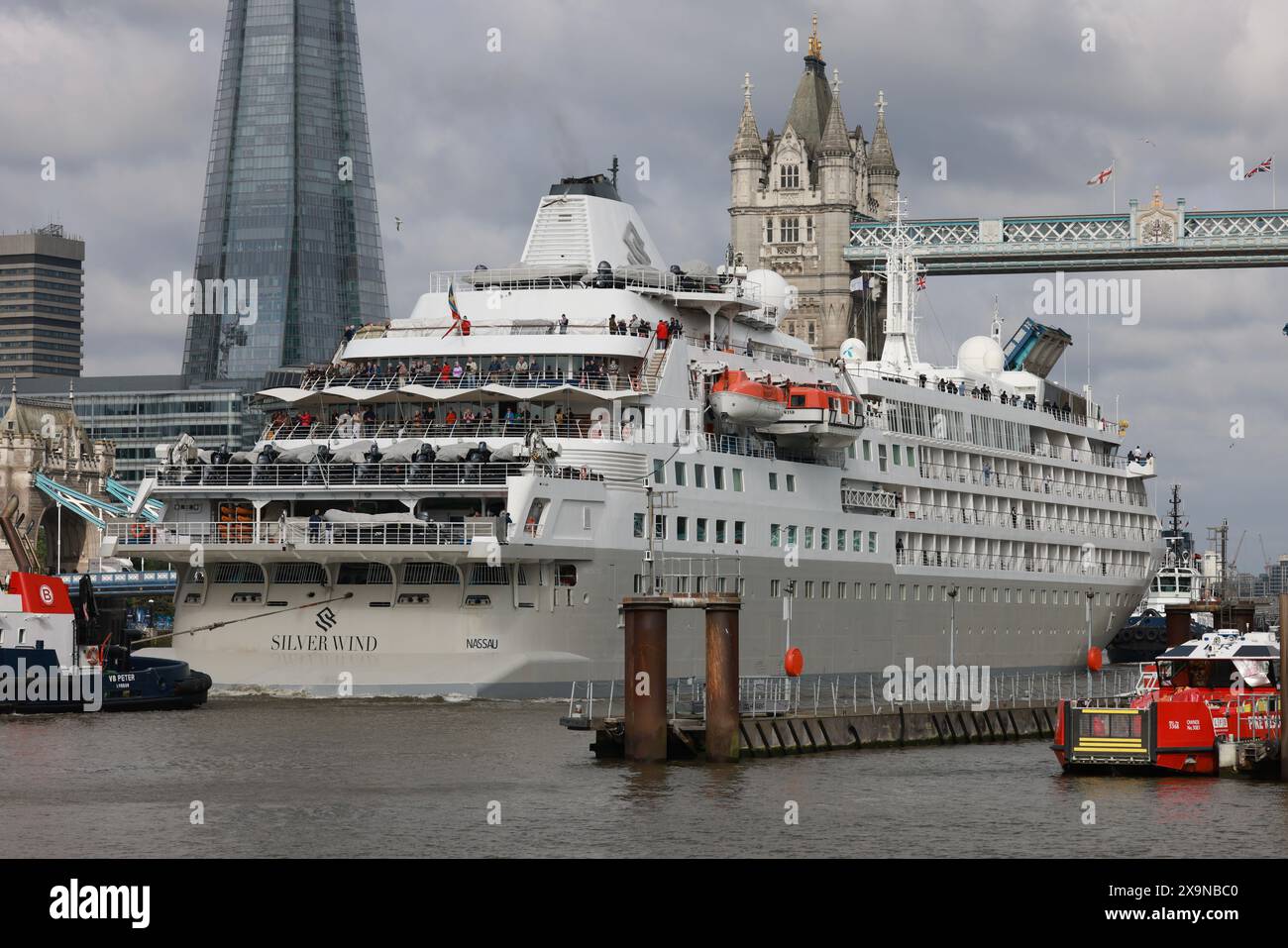 London.England, 1st June 2024 Silver Wind Cruise Liner passing through Tower Bridge Wharf ...