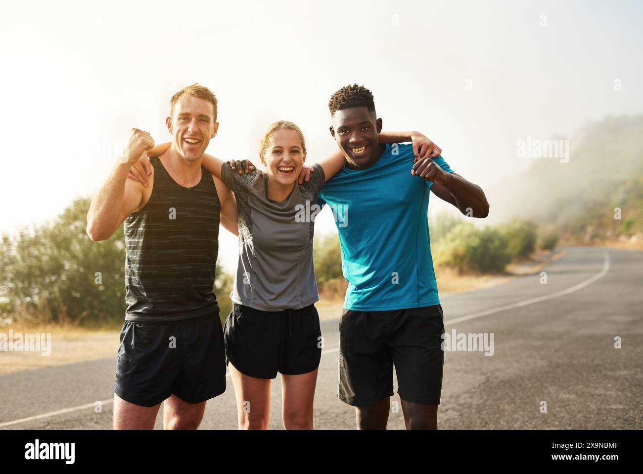 Team, happy runners and fitness friends with support, motivation and ...