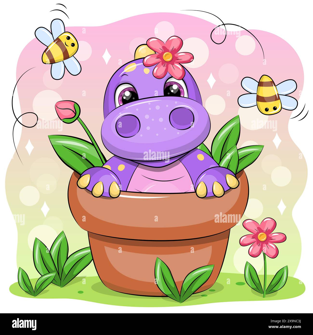 Cute cartoon dinosaur in a flower pot with bees and flowers. Vector ...