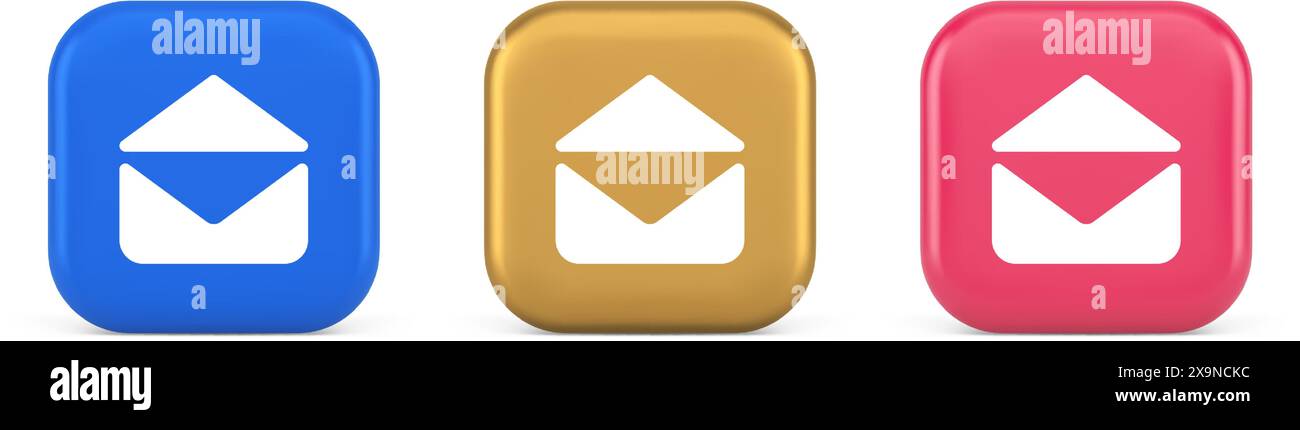Email open envelope letter received incoming message button 3d realistic blue gold and pink ...