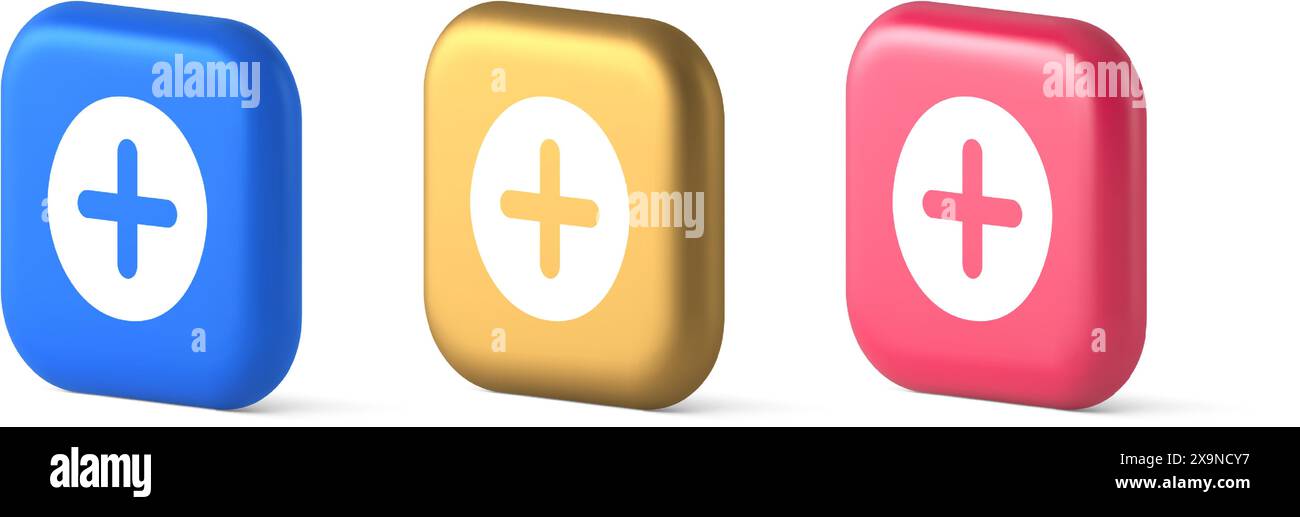 Plus add button mathematical addition symbol 3d realistic blue gold and pink icons. Calculation ...