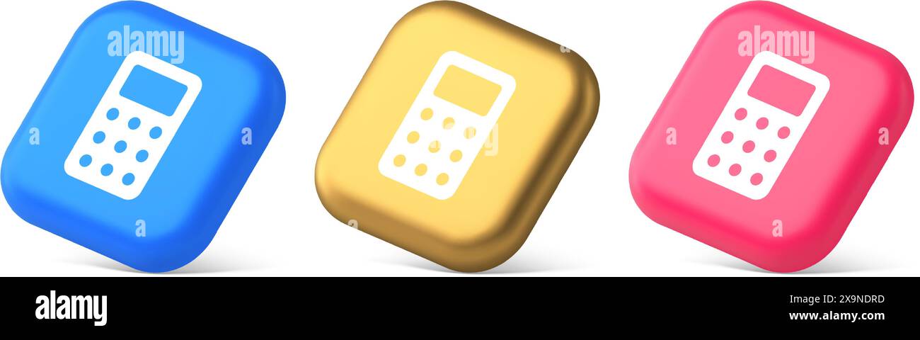 Calculator button mathematical number counting web application design 3d realistic blue gold and ...