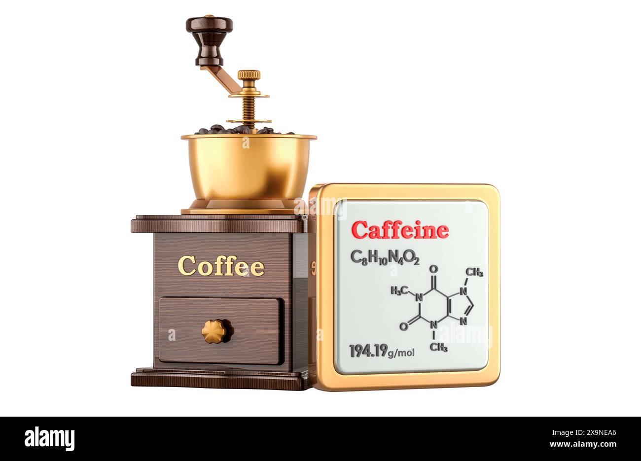 Coffee Grinder and caffeine Icon with chemical formula, molecular ...