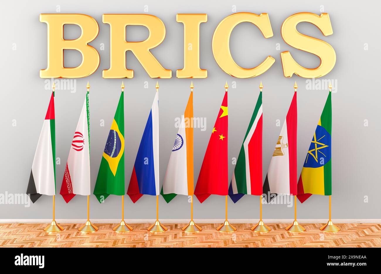 BRICS summit, flags of all new members BRICS. 3D rendering Stock Photo ...