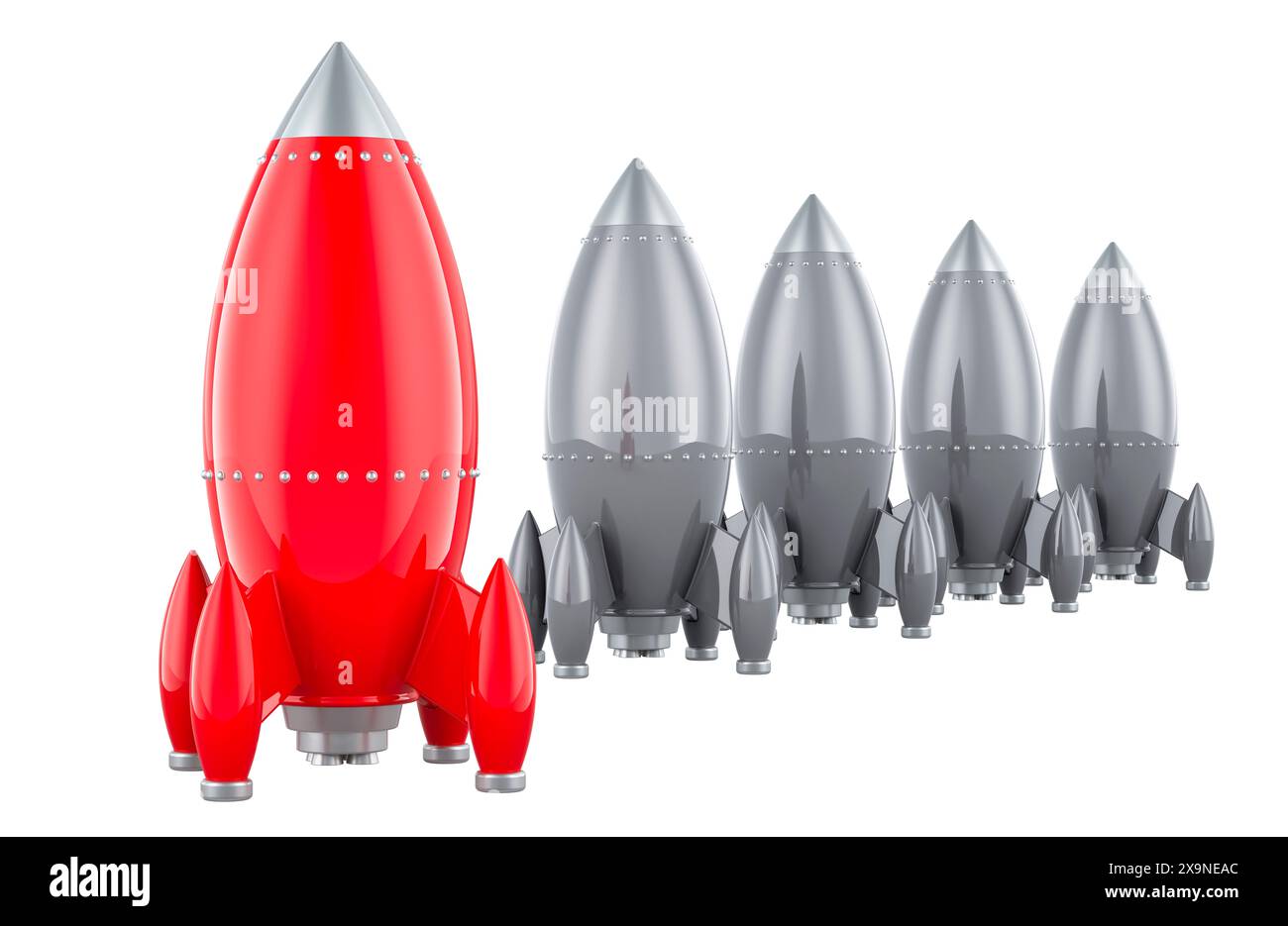 Red spaceship rocket among the others. Leader, winner concept. 3D ...