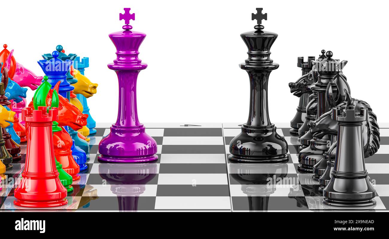Chess board with colored chess pieces and black. 3D rendering isolated ...
