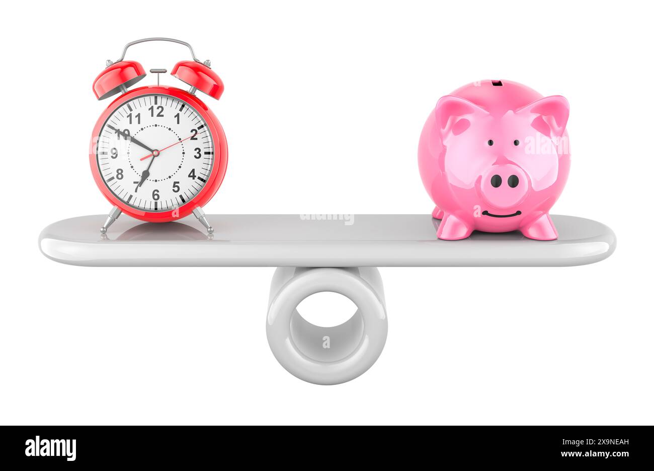 Piggy bank and alarm clock on balance scale. 3D rendering isolated on ...