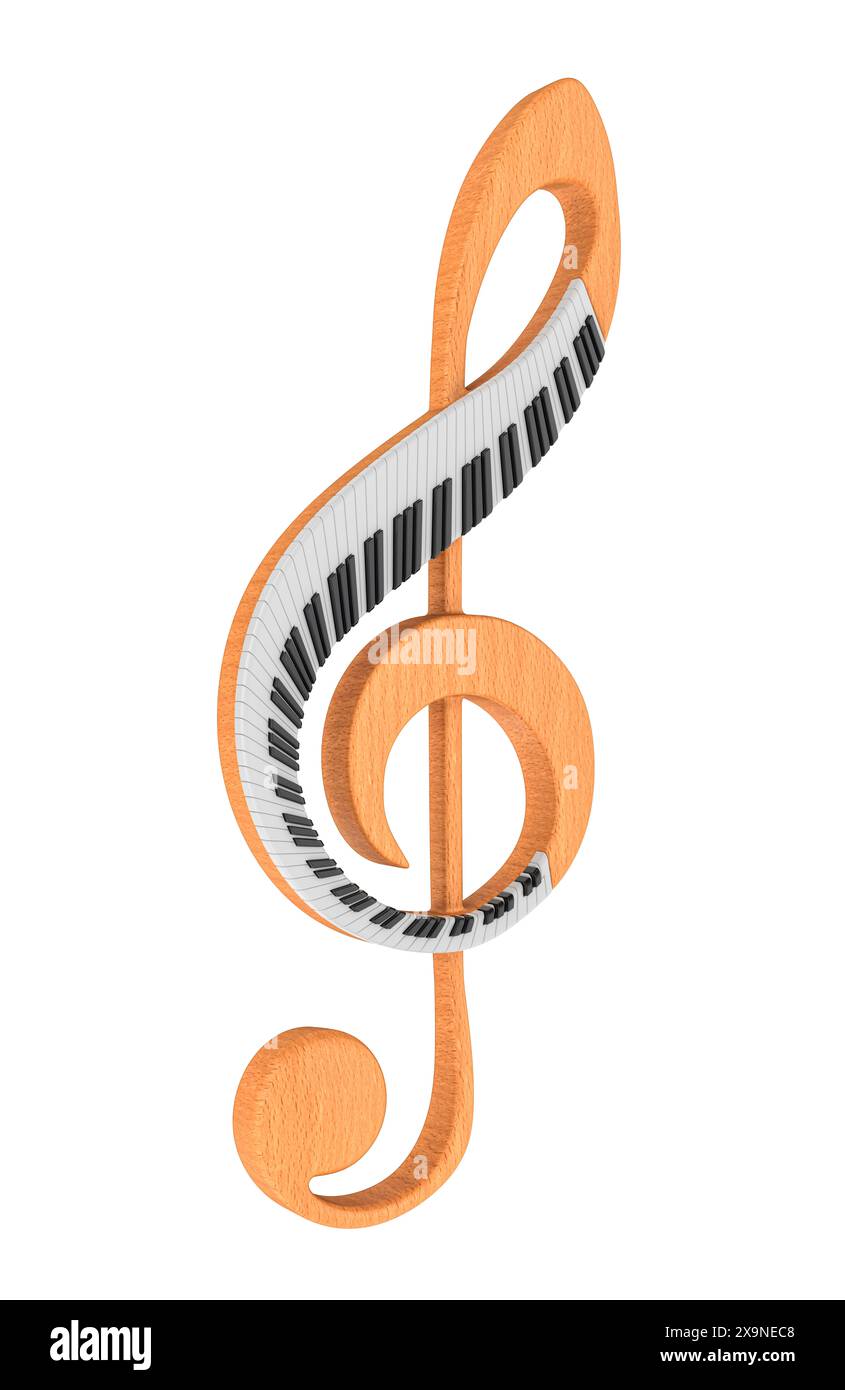 Wooden treble clef music note with piano keyboard, 3D rendering ...