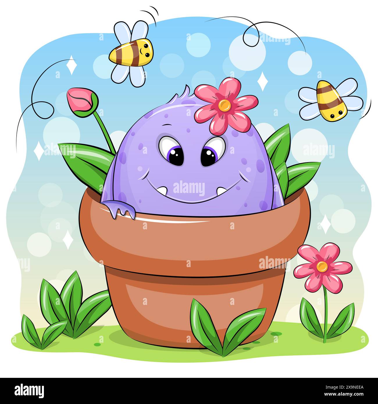Cute cartoon monster in a flower pot with bees and flowers. Vector ...