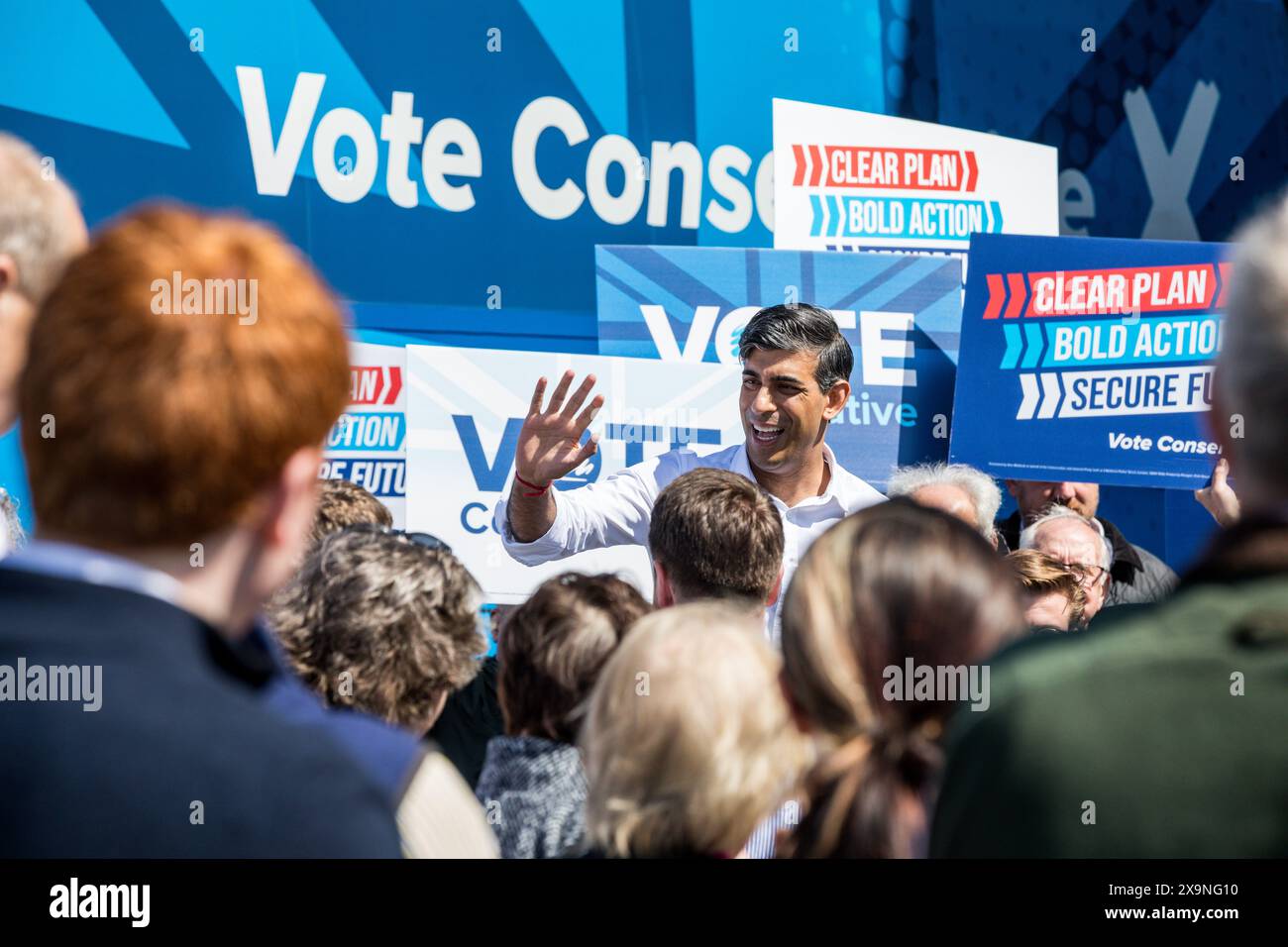 Rishi Sunak at the launch of the Conservative Party tour bus for the 2024 general election ...