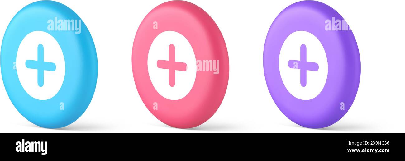Plus add button mathematical addition symbol 3d realistic blue pink and ...