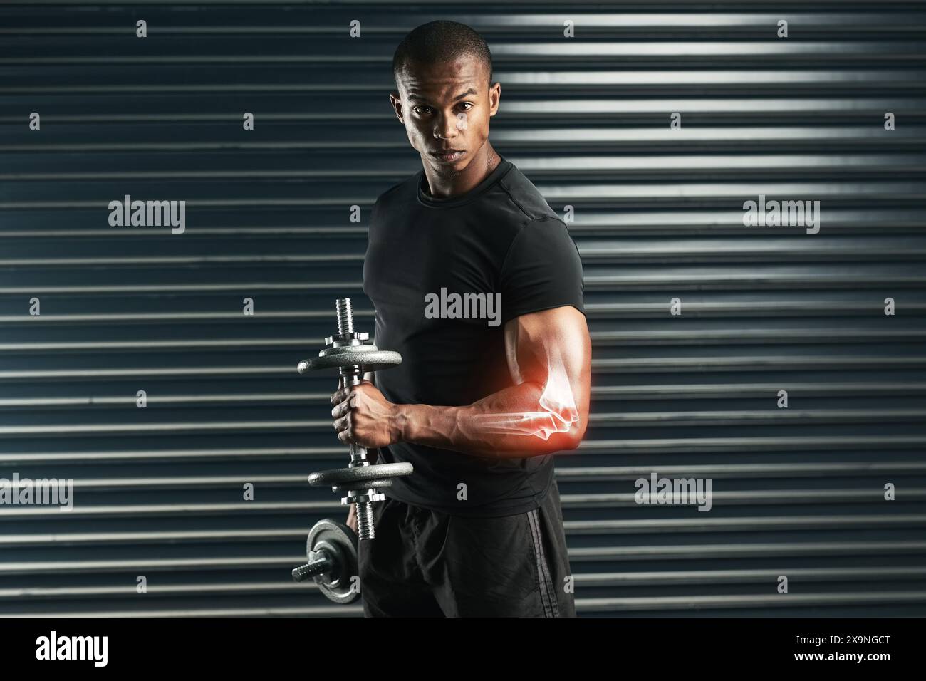 Black Man, portrait and weights for body injury with red glow, exercise ...