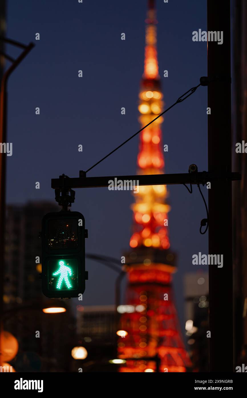Vibrant Urban Night with Green Crosswalk Signal Stock Photo - Alamy