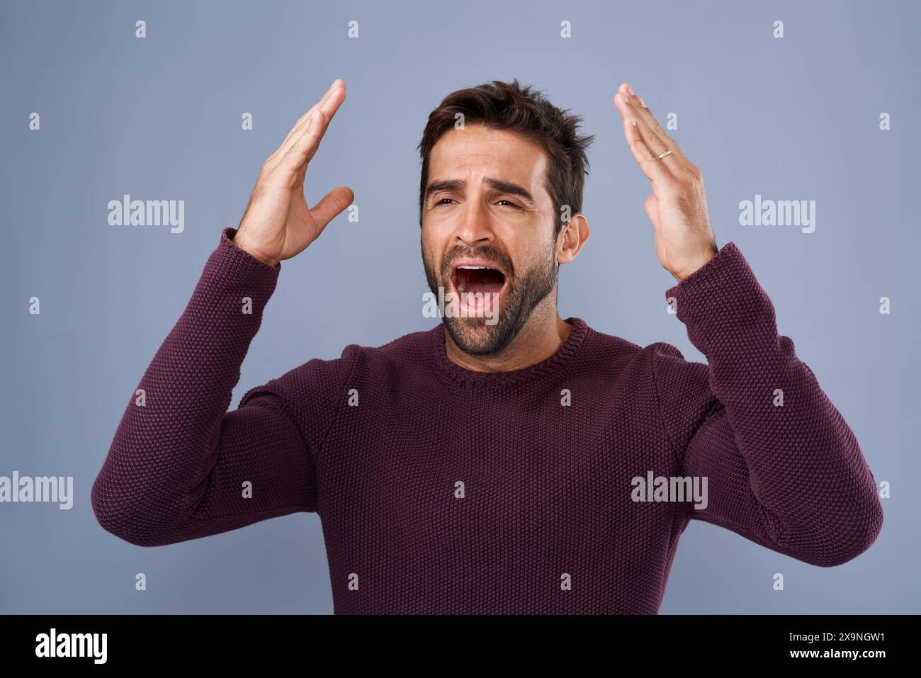 Studio, anger and man with frustration, yelling and terror of news ...