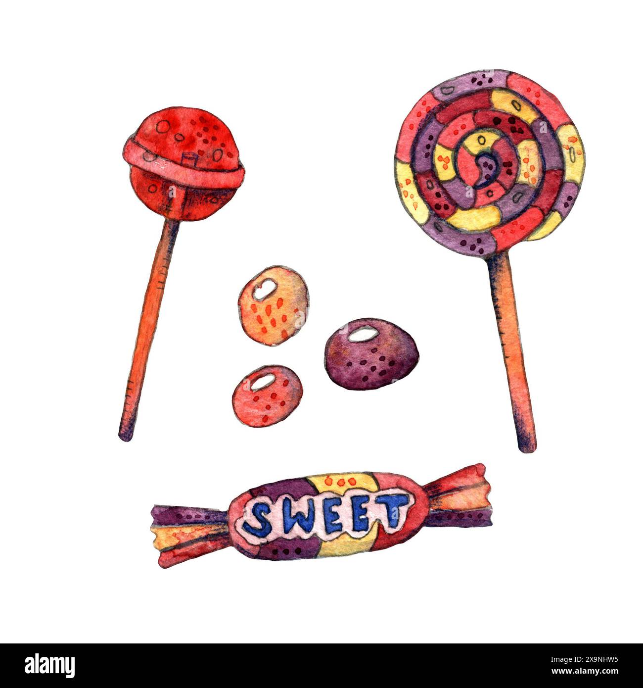 The artwork depicts lollipops and candy with the word sweet. It ...