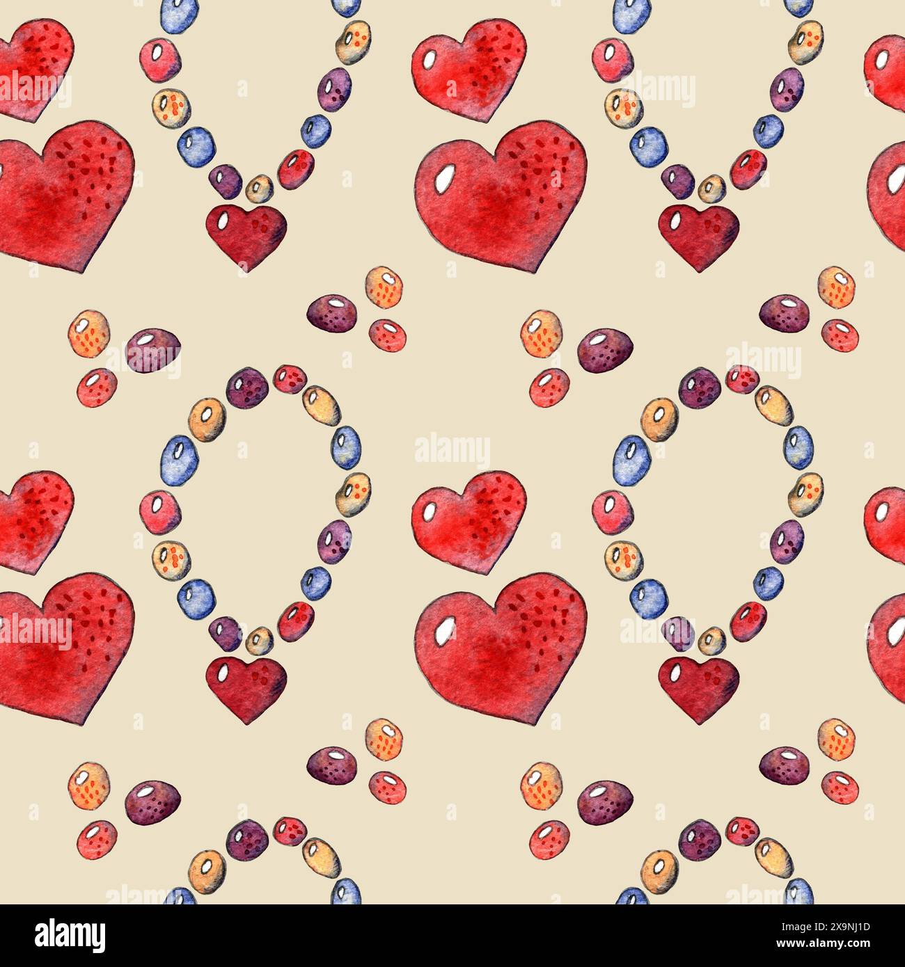 Continuous arrangement of hearts and beads on a neutral beige backdrop ...